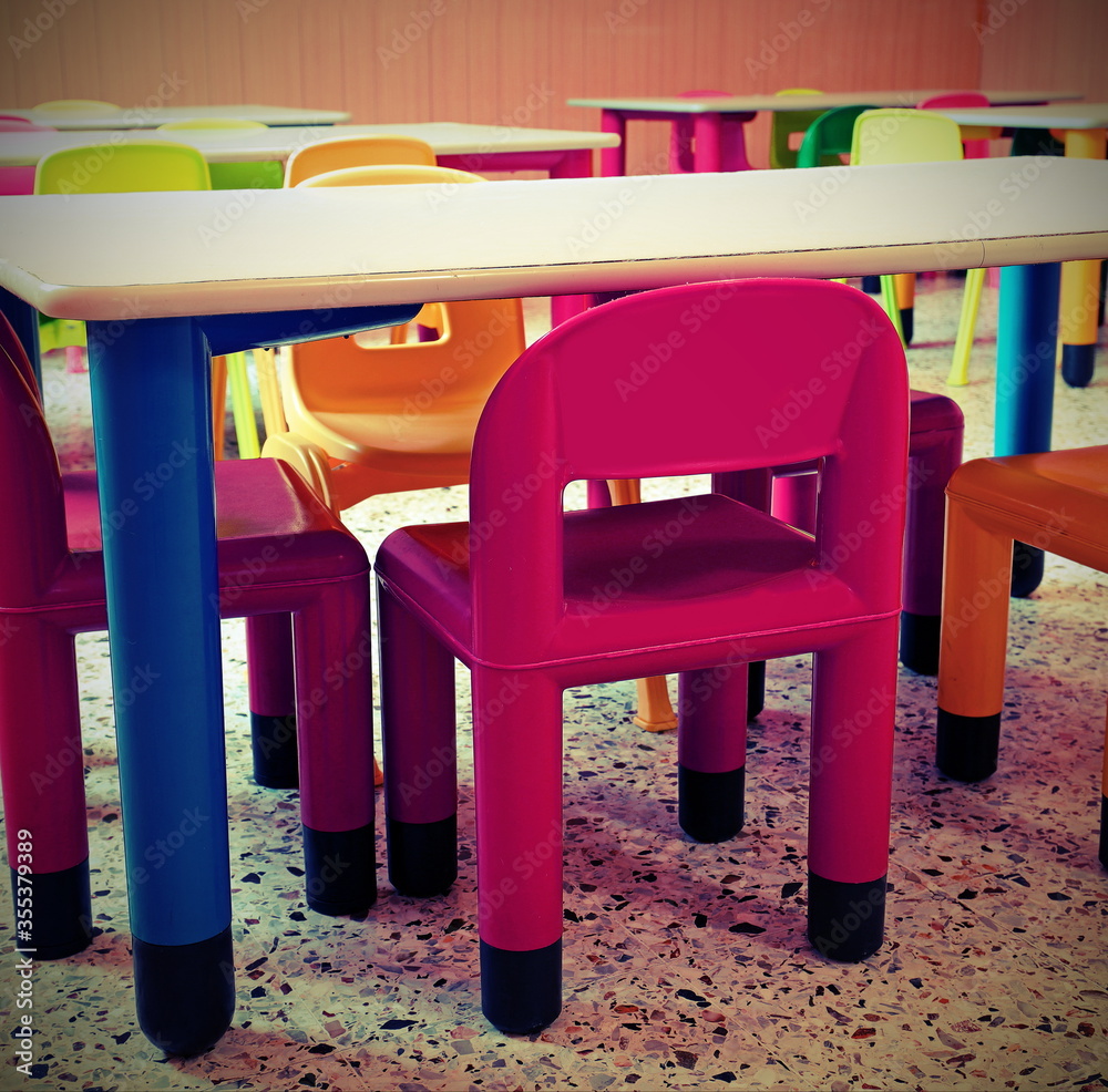 tables and chairs in the classroom without the children Stock Photo ...