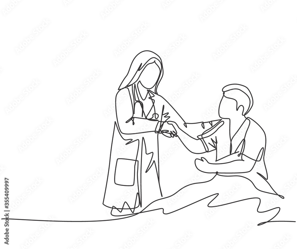 Continuous line drawing of young happy female doctor visit a patient ...