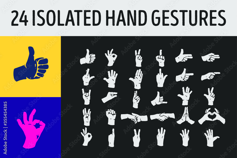 24 isolated hand gestures. Digits hand gestures. Gesturing hands. Counting gestures, forefinger ...