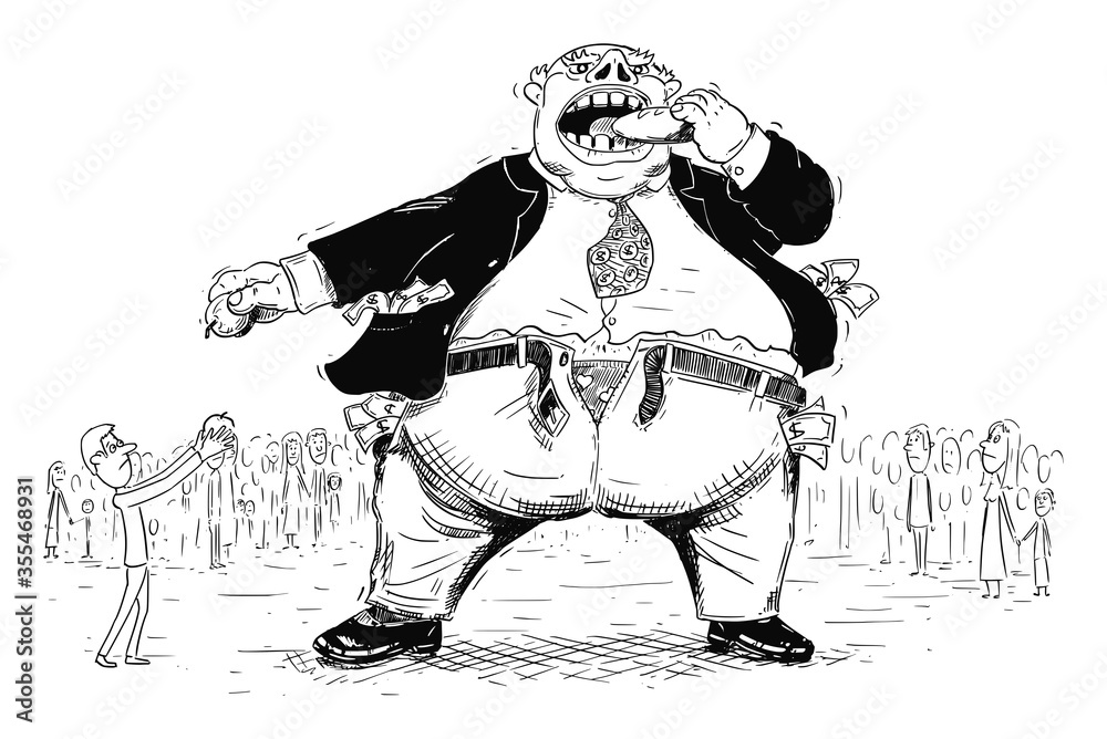 Vector cartoon drawing conceptual illustration of fat rich man ...