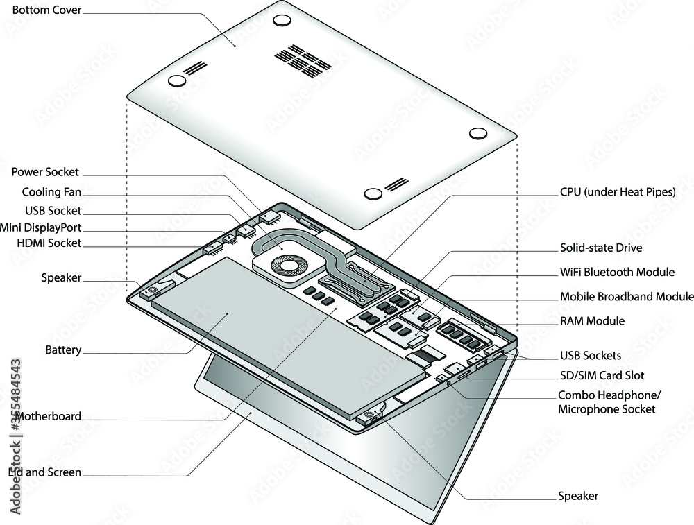 Line-art detailed isometric drawing of a laptop computer with bottom ...