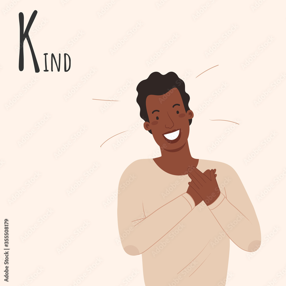 Alphabet Emotions concept. Man holds hands on his heart. Male character ...