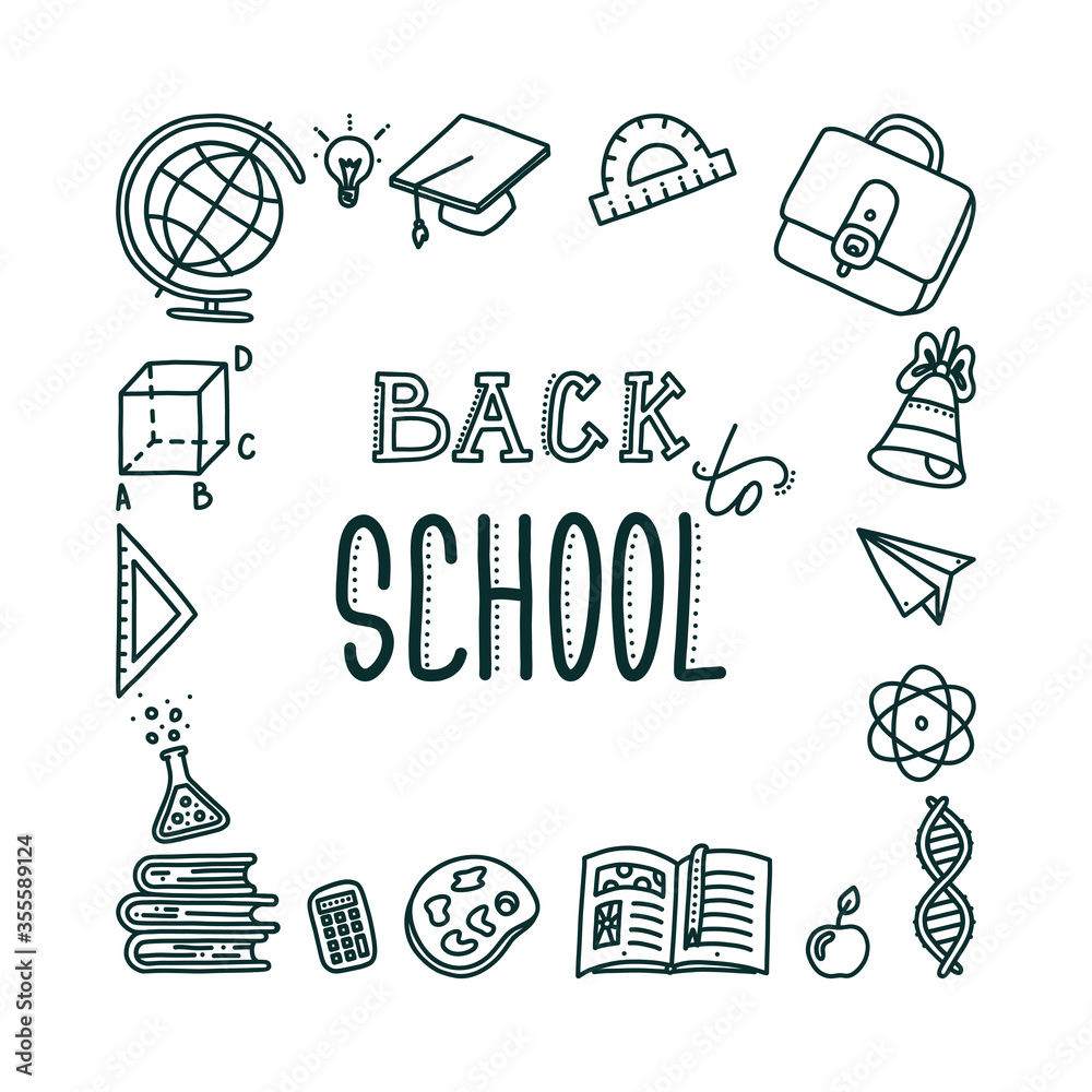 Back to school square banner with lettering. Hand drawn objects for ...
