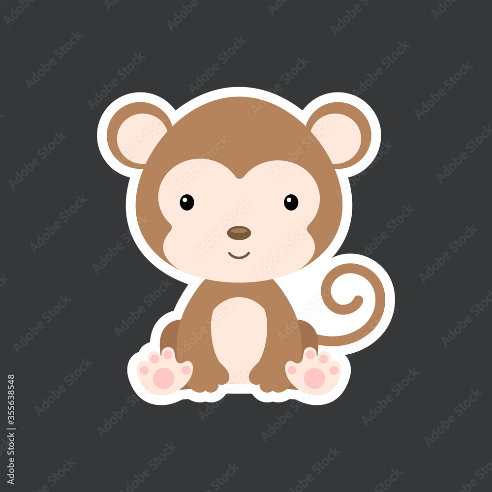 Sticker of cute baby monkey sitting. Adorable jungle animal character ...