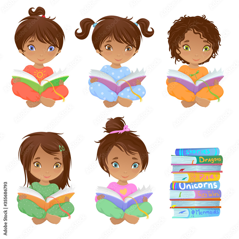 Vector illustration concept of cute little girls reading a book in ...