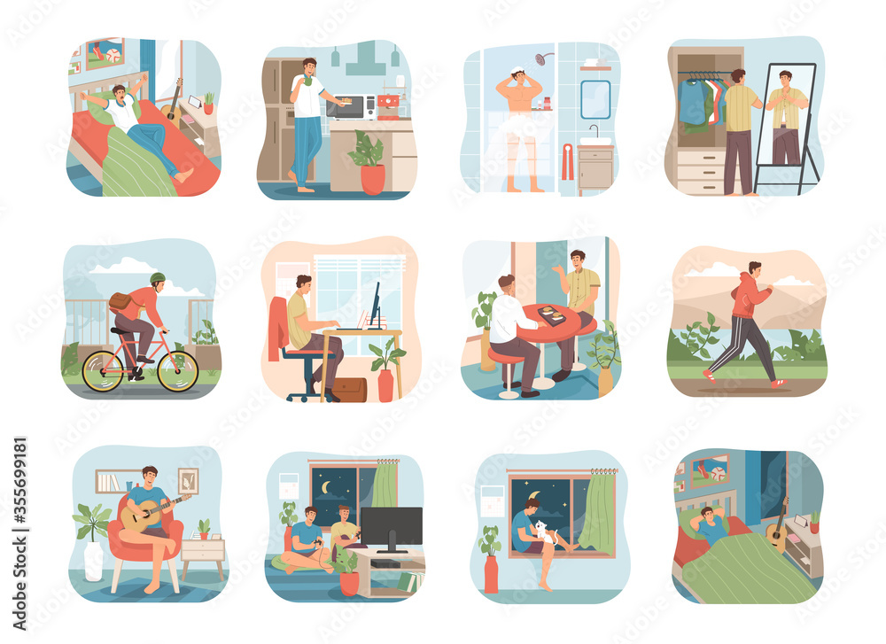 Daily routine of a young man. Set of daily life scenes. Sleeping ...