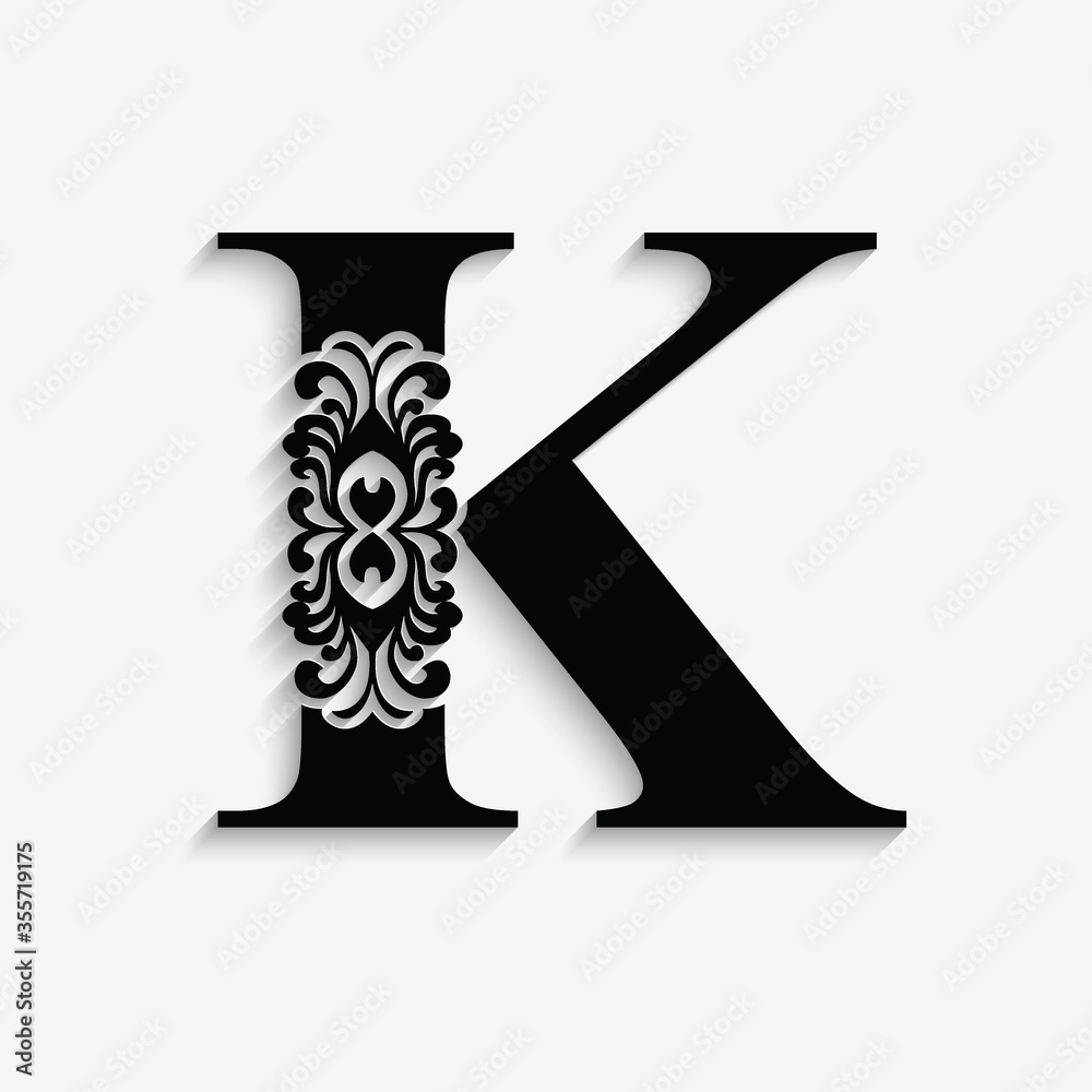 letter K. Black flower alphabet. Beautiful capital letters with shadow ...