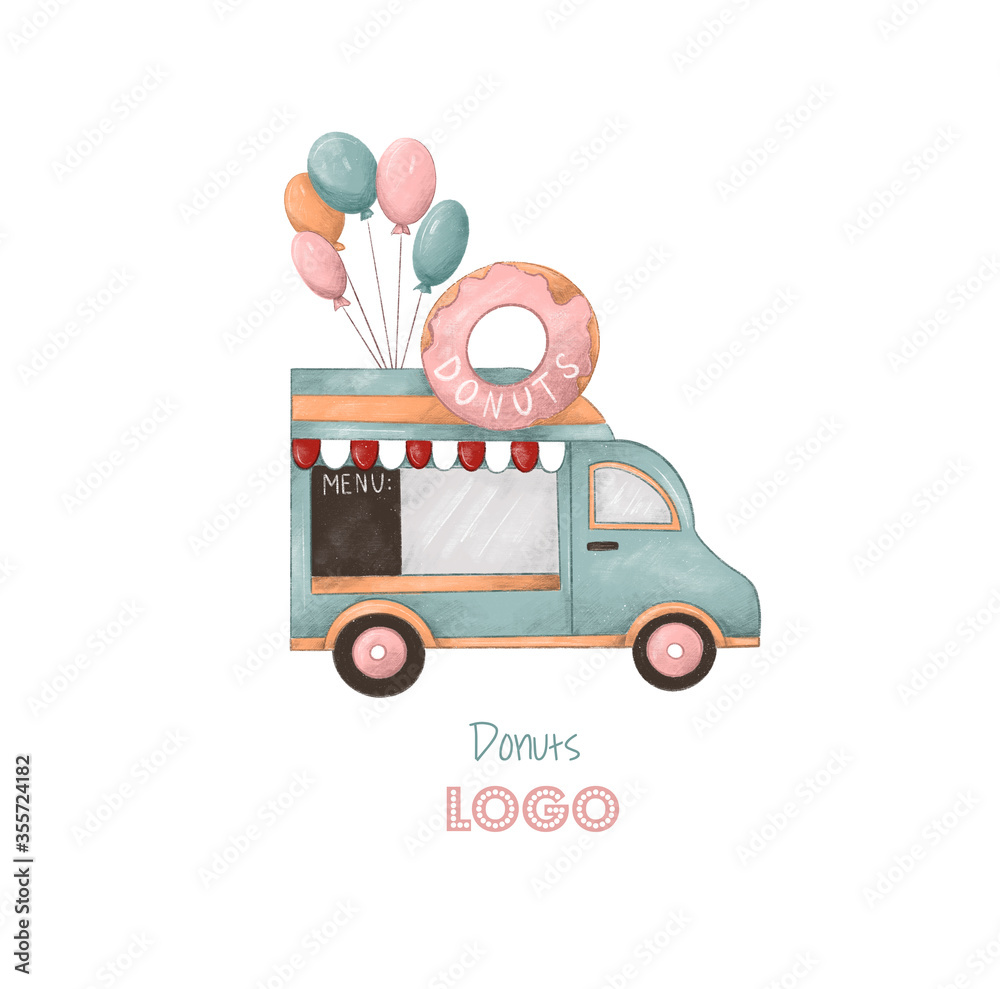 Donut van. Vintage van, kiosk with pastries and sweets. Amusement park ...