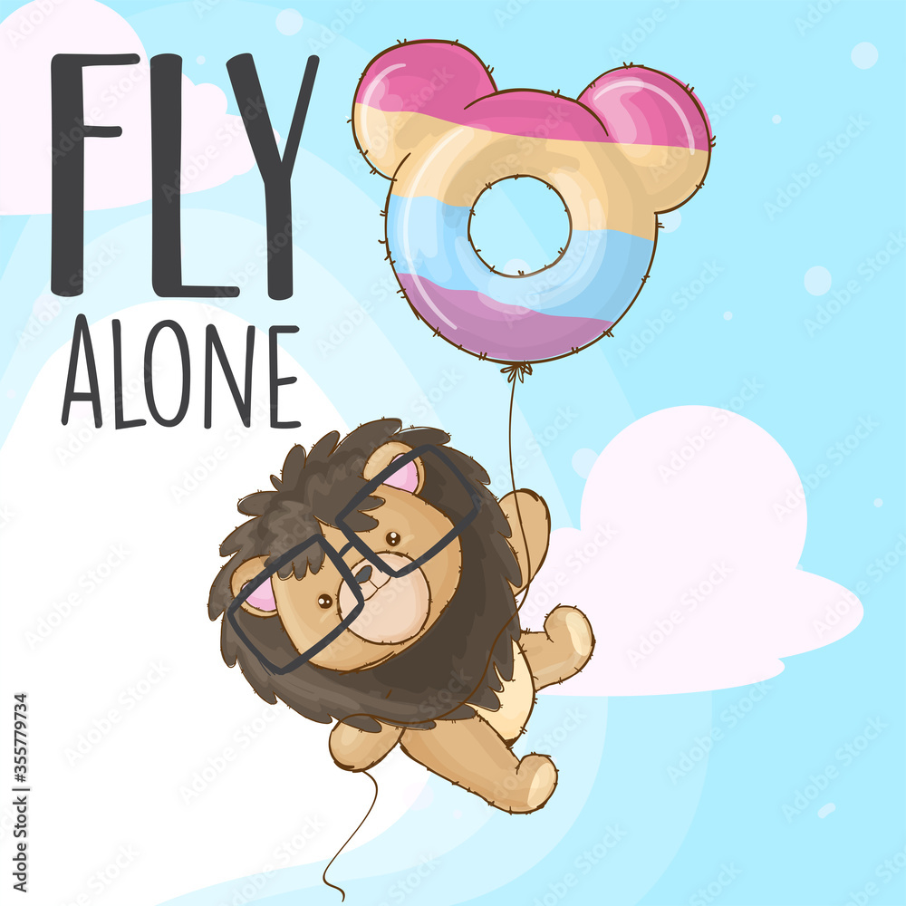 Cute lion fly with balloon vector cartoon illustration for kids. Stock ...