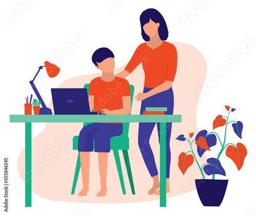 Homeschooling. Mom Teaching Her Son Doing His Homework. Online Family ...