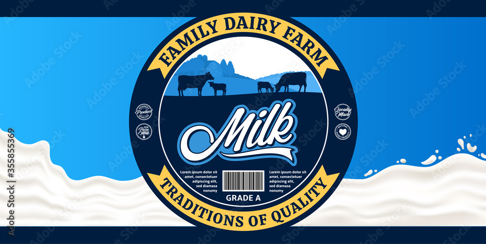 Vector milk round label with cows and calves. Milk splash vector ...