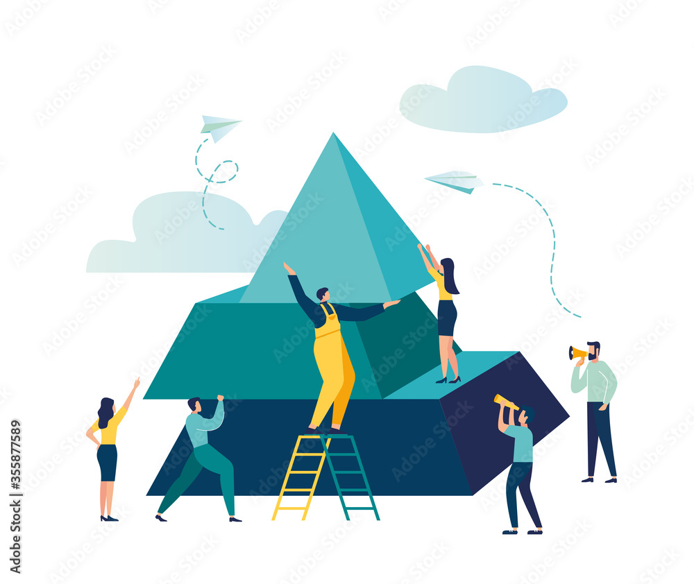 people connect the elements of the pyramid, vector illustration flat ...