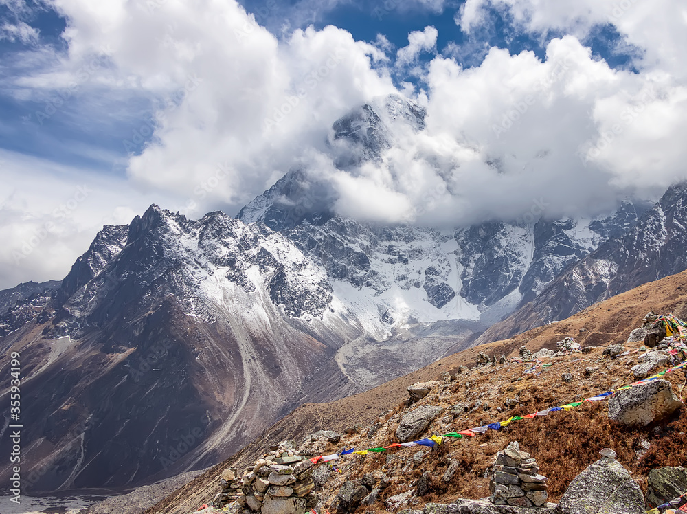 Route to Everest base camp. View on ritual of the pyramids, moraine and ...