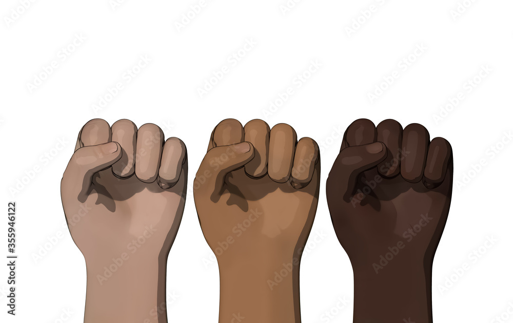 Different skin colored fists raised into air. Stop racism concept ...