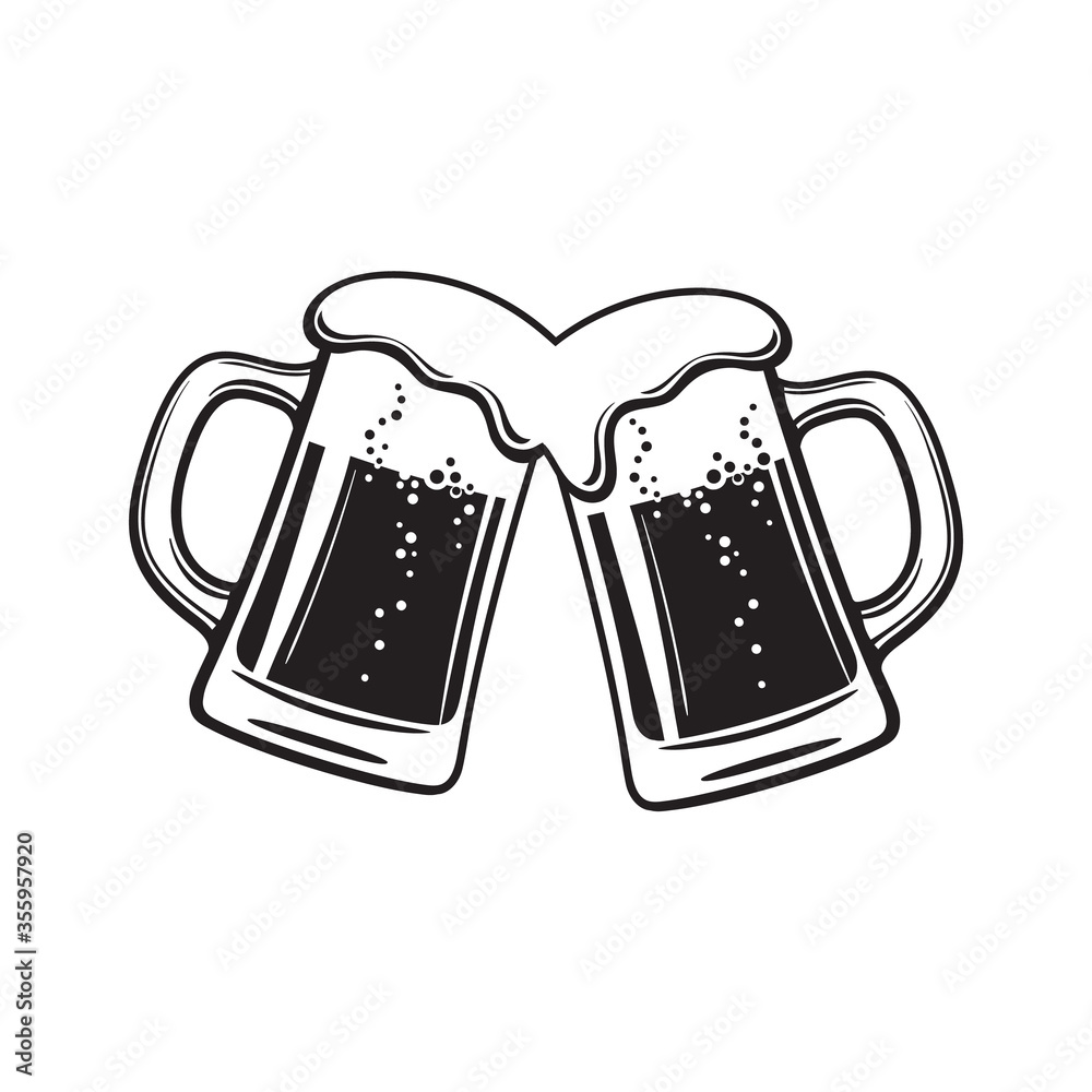 Two toasting beer mugs, Cheers. Clinking glass tankards full of beer ...