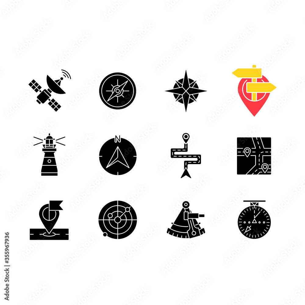 Vector de Stock Navigation black glyph icons set on white space. Land, marine and aeronautical ...