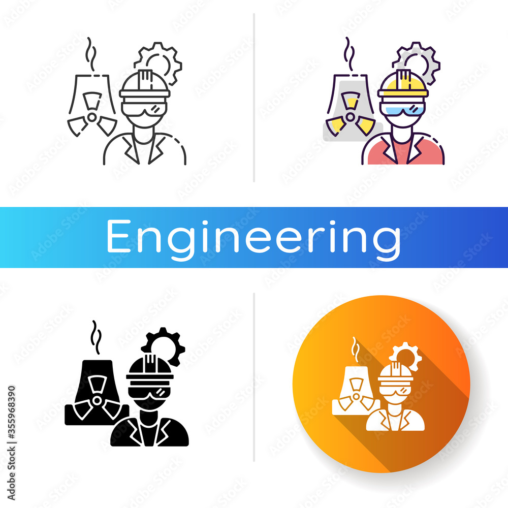 Nuclear engineer icon. Heavy production on industrial factory. Employee ...
