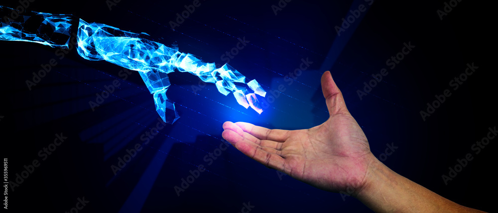 Abstract blur robot ai hand hold 3D virus butterfly illustration ...