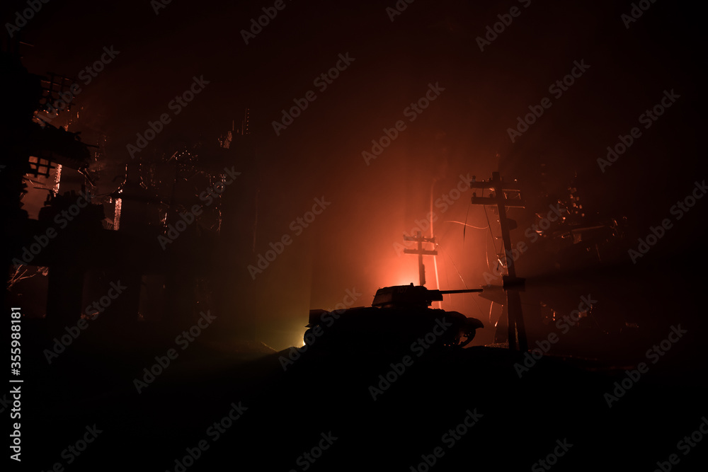 War Concept. Military silhouettes fighting scene on war fog sky ...