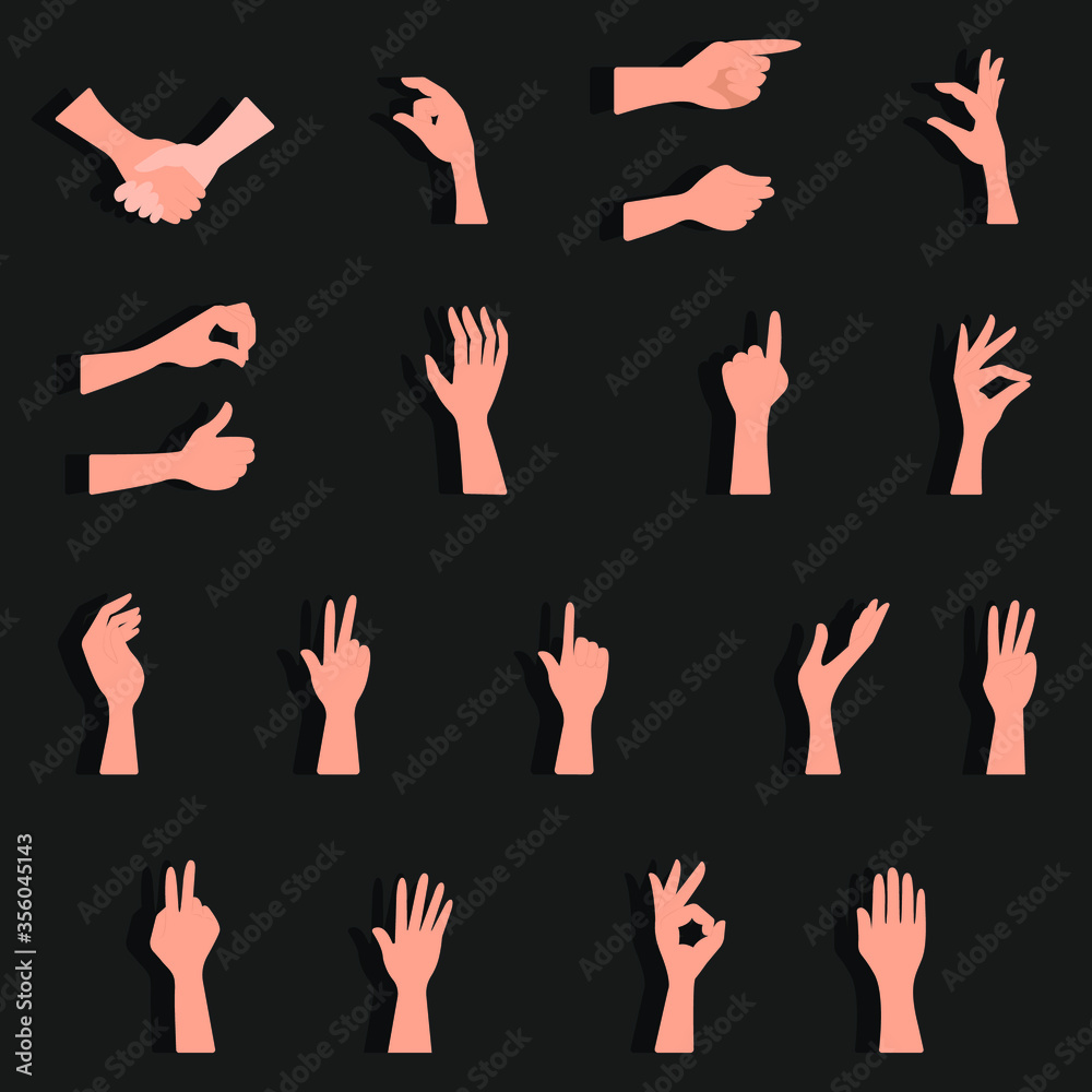 Vetor Vector set of hand gestures. Counting on fingers, shaking hands ...