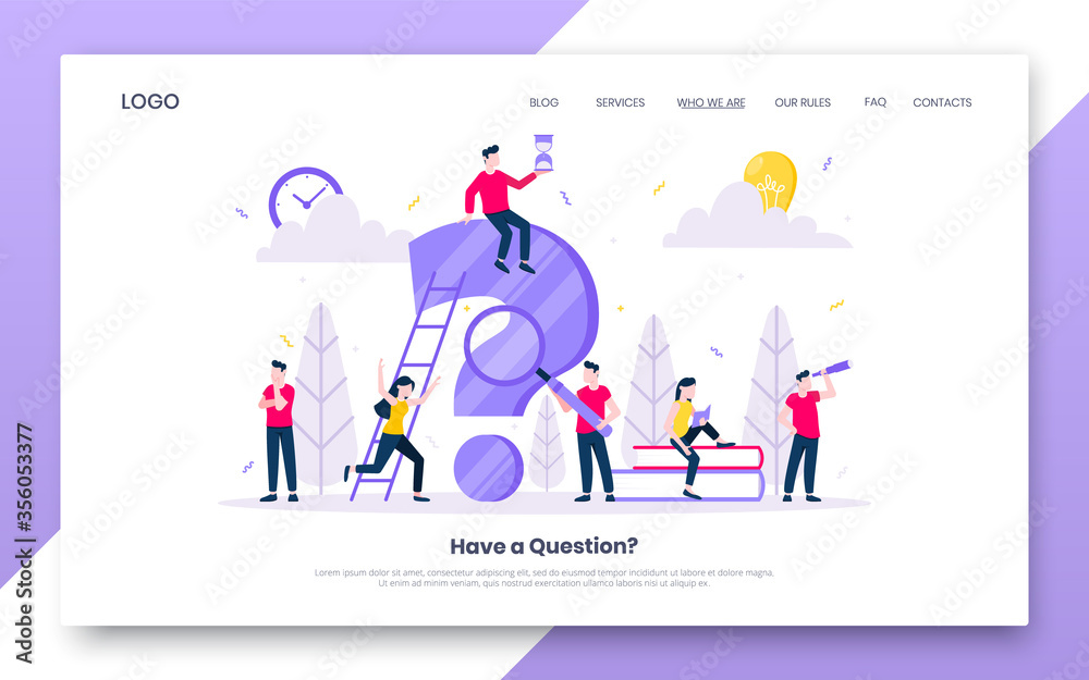 FAQ or Q and A internet landing page concept web template. Teamwork ...