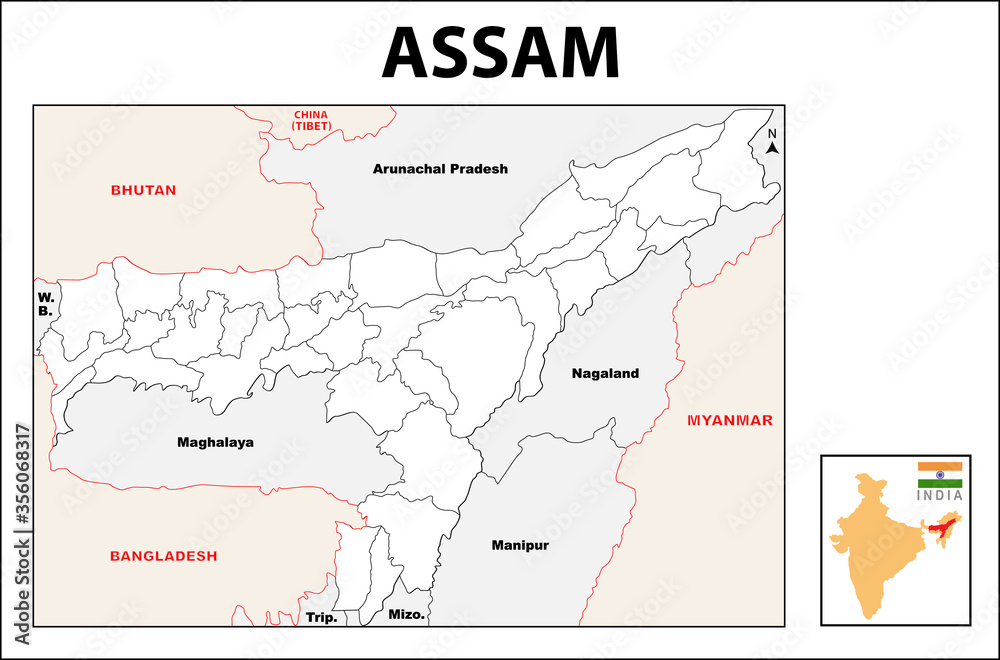 Assam map. Political and administrative map of Assam with districts ...