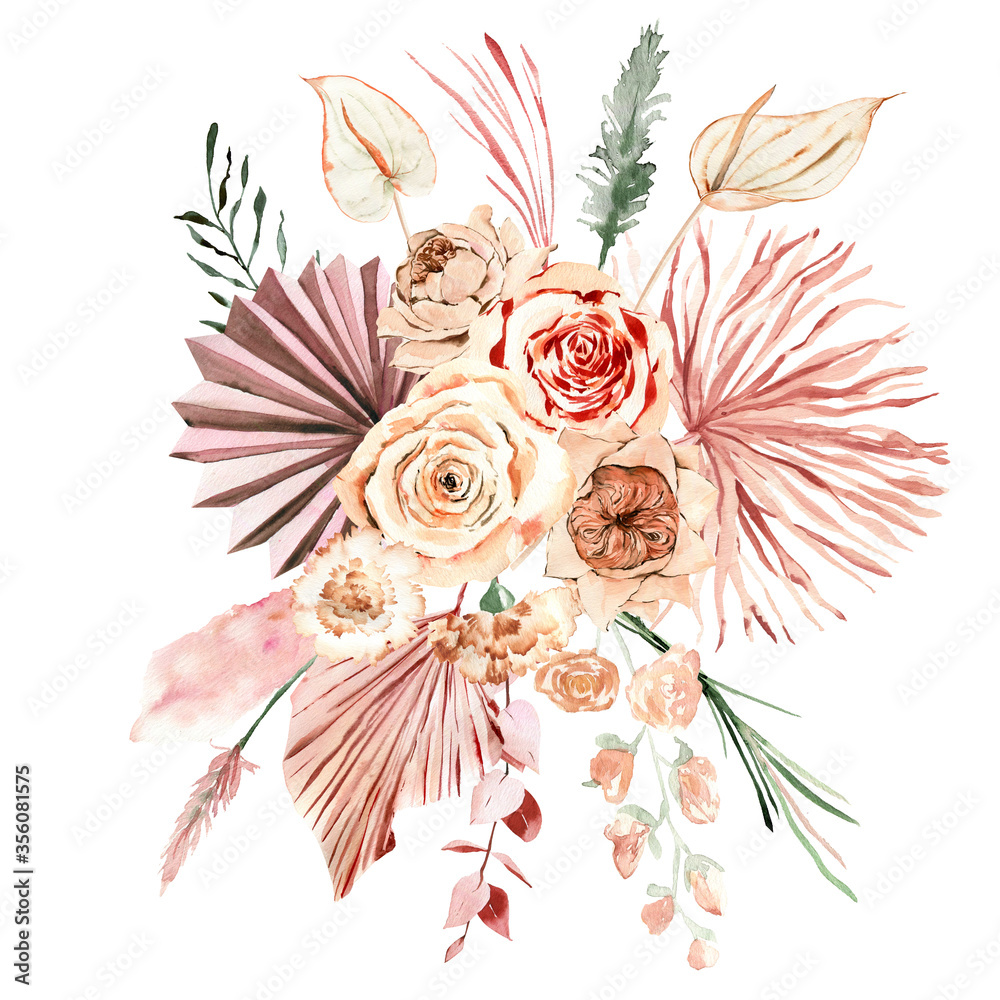 Watercolor Tropical Dried Flowers Clipart. Watercolor summer modern ...