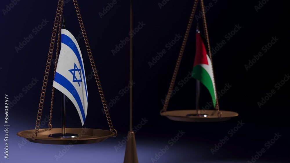 Flags of Israel and Palestine on the bowls of the balance scales on a ...
