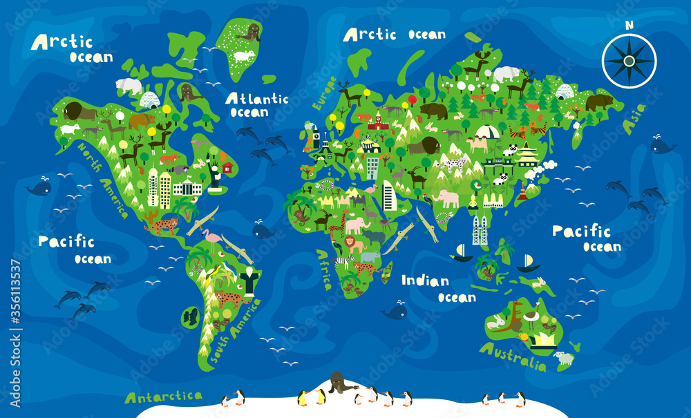 cartoon map of the world with animals. Vector illustration Stock Vector ...