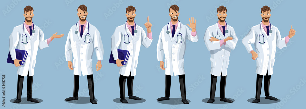 Set of funny cartoon character of doctor. Various action poses of ...