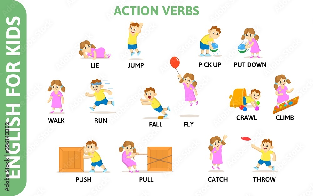 English for kids playcard. Action verbs with playing characters. Word ...