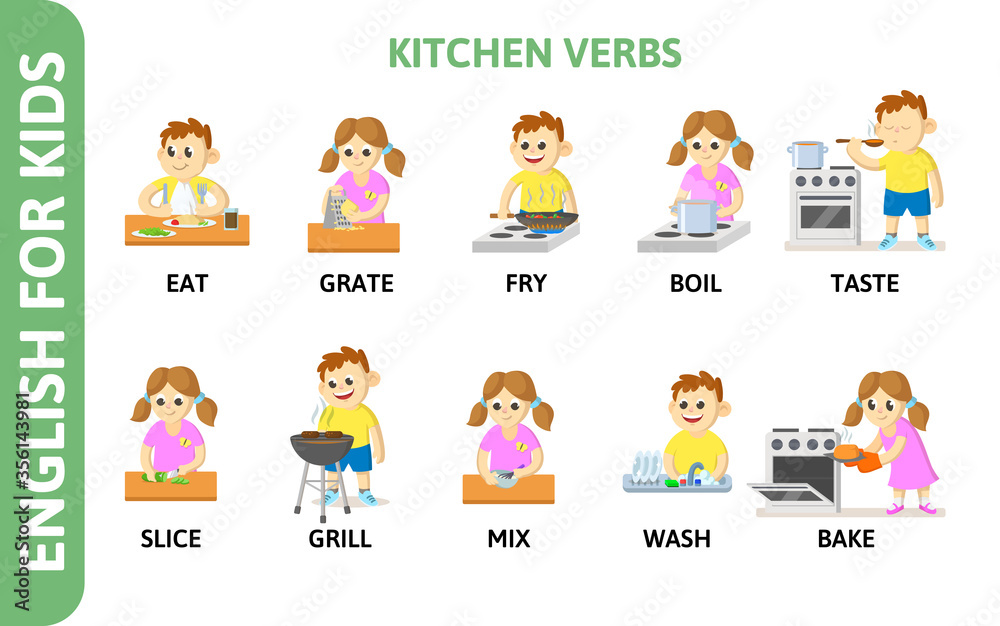 English for kids playcard. Kitchen verbs with chartoon characters ...