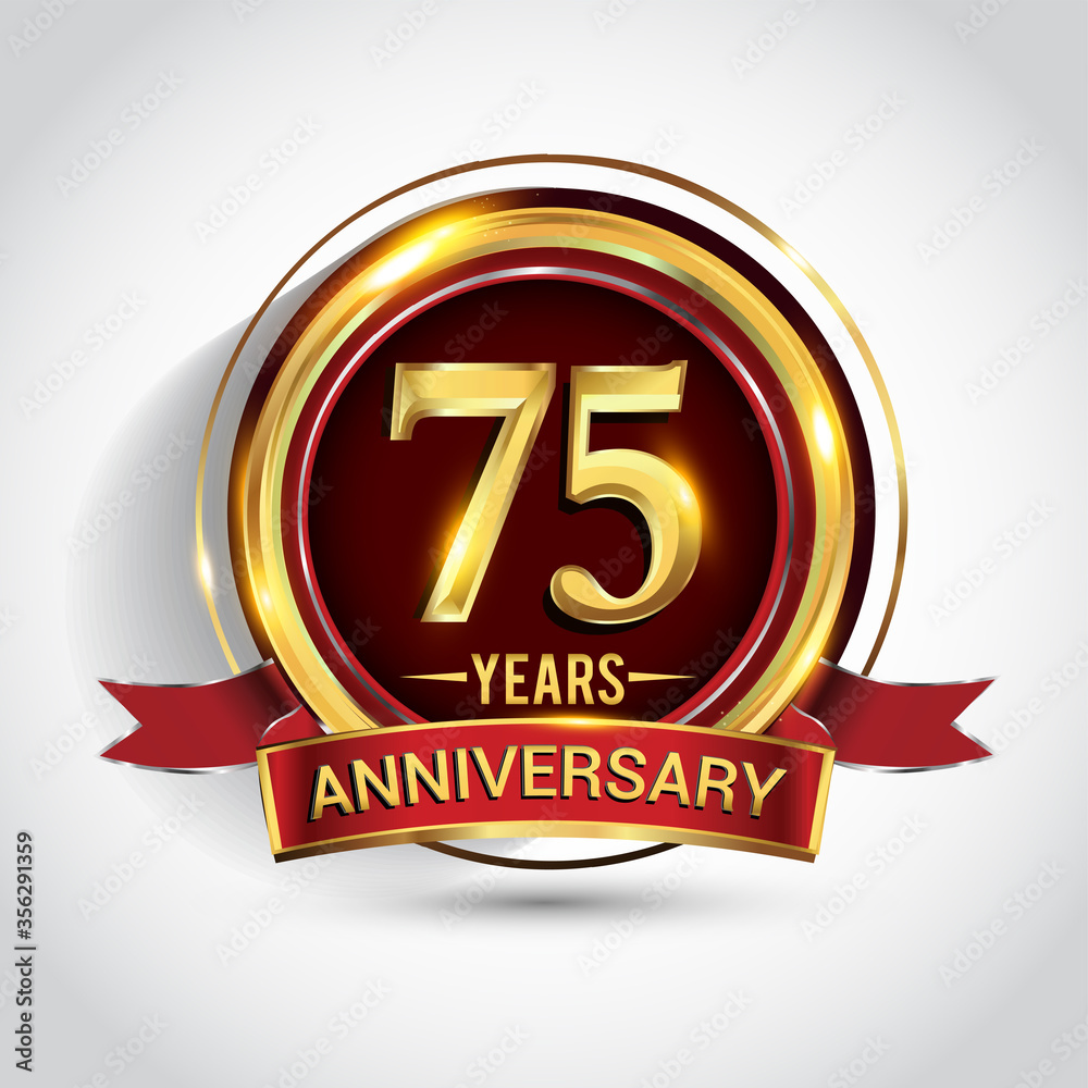 75th golden anniversary logo with ring and red ribbon isolated on white ...