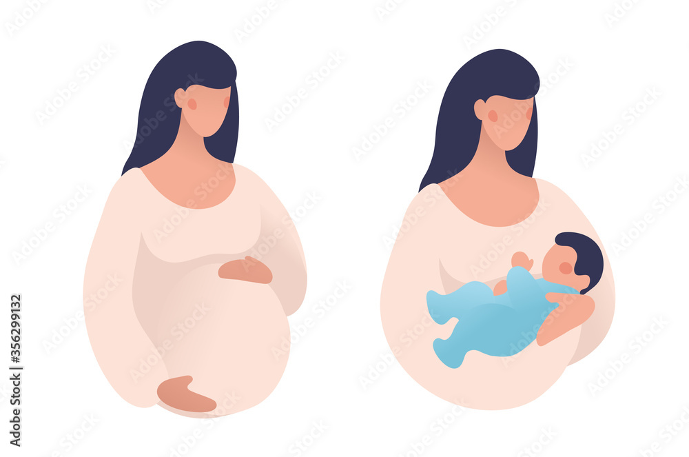 Set of illustrations about pregnancy and motherhood. Pregnant woman ...