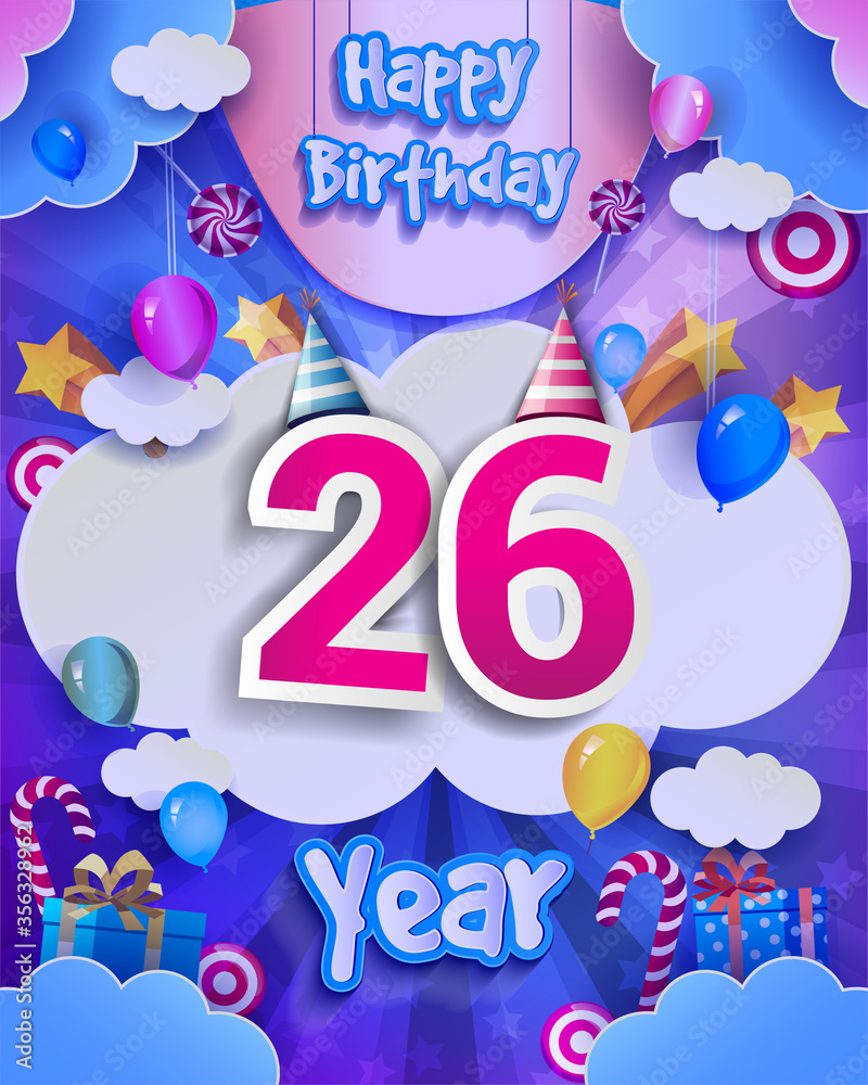 26th Birthday Celebration greeting card Design, with clouds and ...