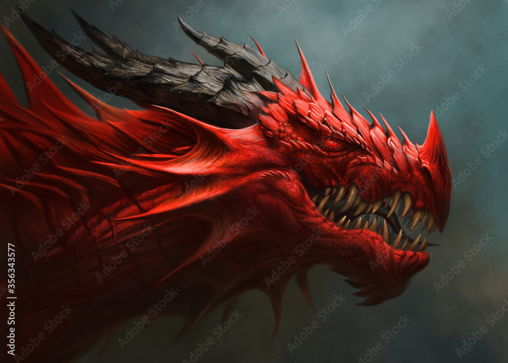 Ilustração Red dragon head digital painting. do Stock | Adobe Stock