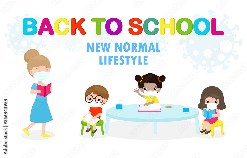 Back to school for new normal lifestyle concept. happy students kids ...