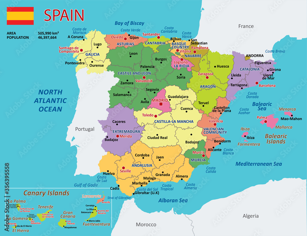 Vector Map of Spain. Colorful political Spain map with regions and main ...