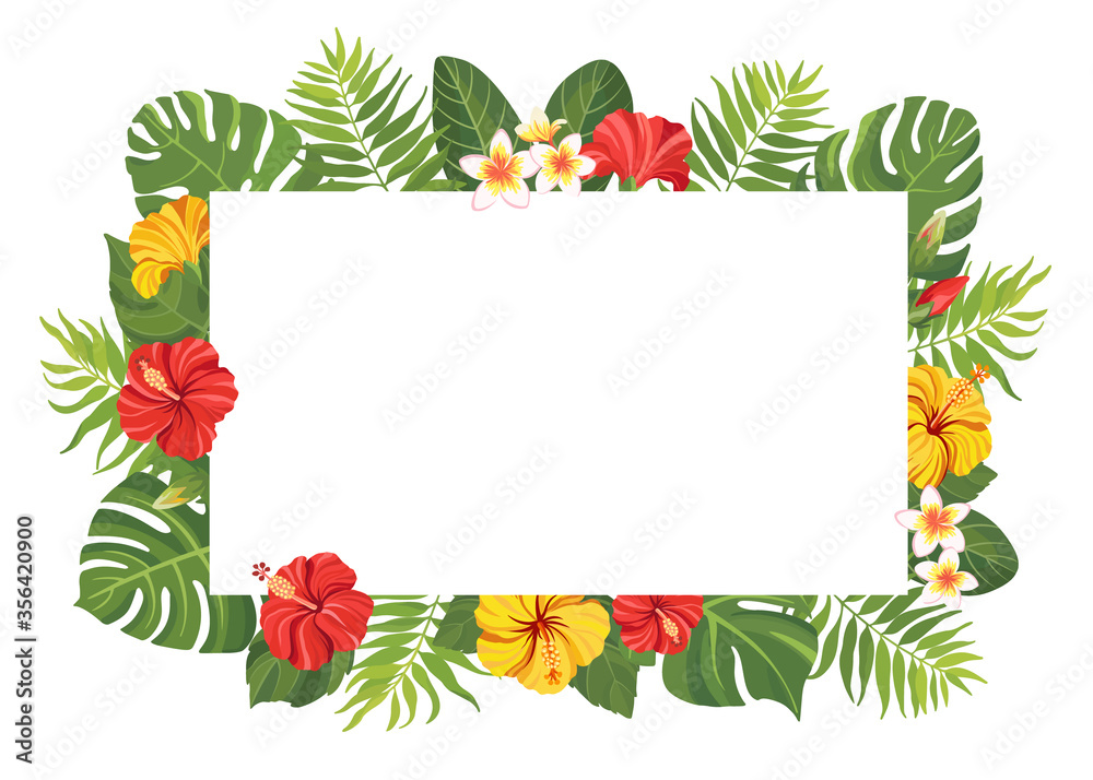 Tropical flowers and green leaves frame template. Hibiscus floral ...