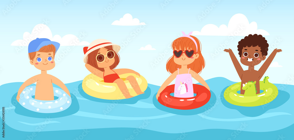 Multinational children have fun and jumping in the water. Boys and ...