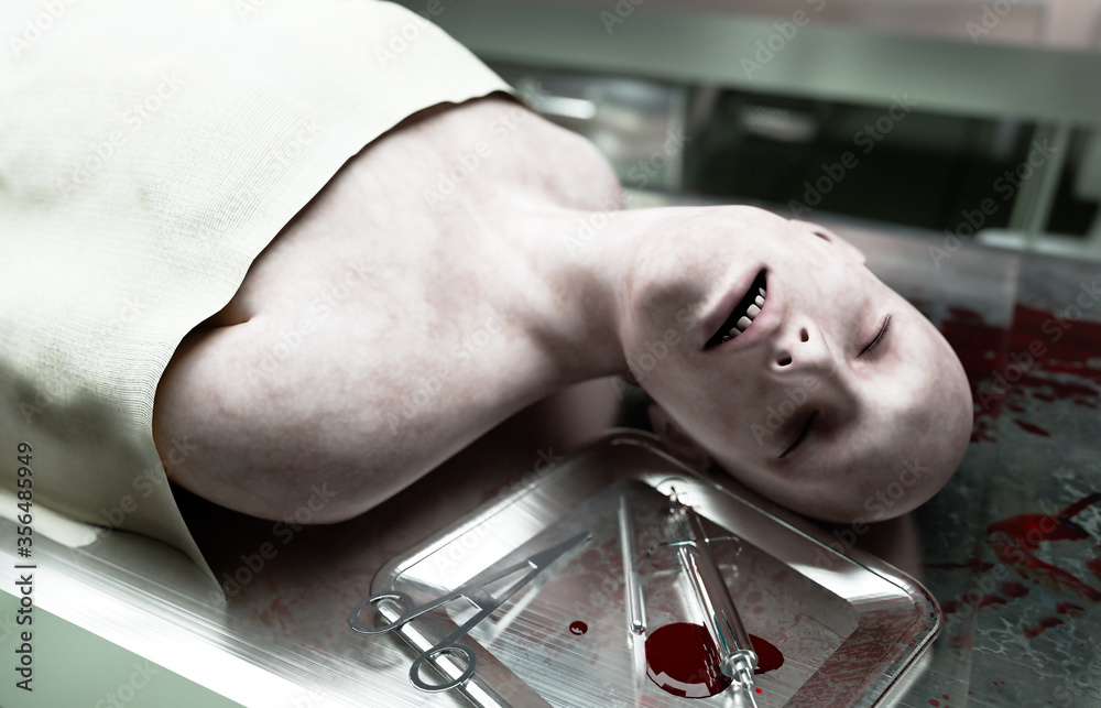 Ilustración de Stock cadaver, dead male body in morgue on steel table ...