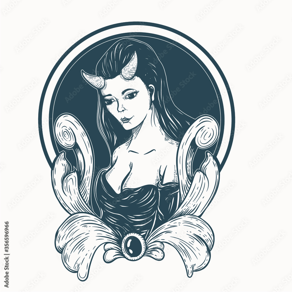vintage devil woman hand drawn tattoo artwork Stock Vector | Adobe Stock