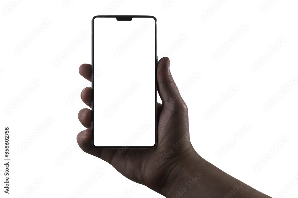 Phone in hand. Silhouette of male hand holding bezel-less smartphone ...