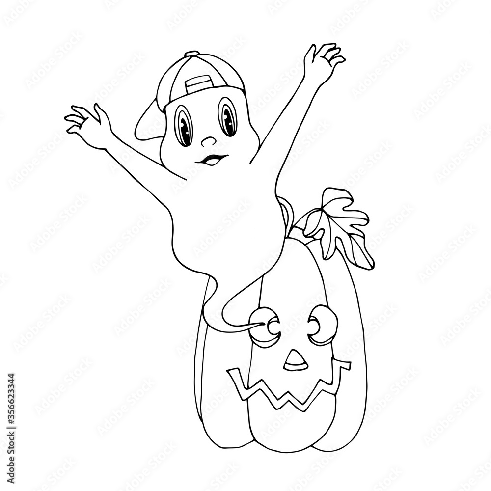 Vektor Cute cartoon ghost flying out of a pumpkin. White and black ...