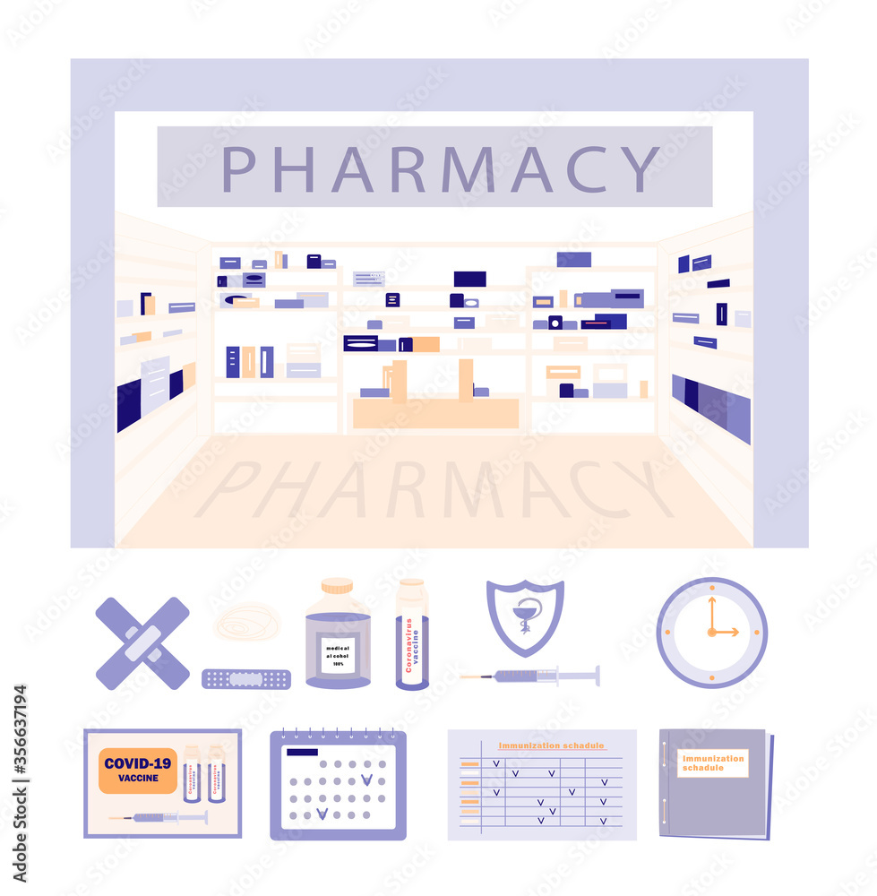 Vaccination related item set. Vaccine, syringe, shield, vaccination ...