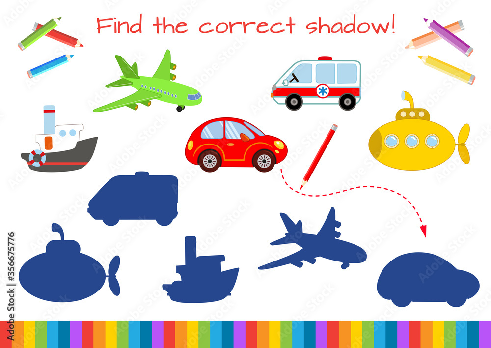 Find the correct shadow! Cars, transport. Cars, transport. Airplane ...