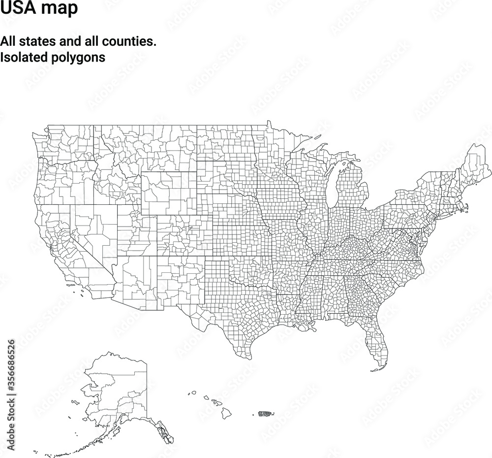 Map of USA with all states and all counties. Light. Isolated polygons ...