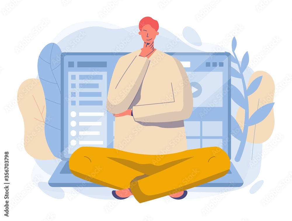 Male programmer sitting on laptop, notebook concept and vector illustration on white background ...
