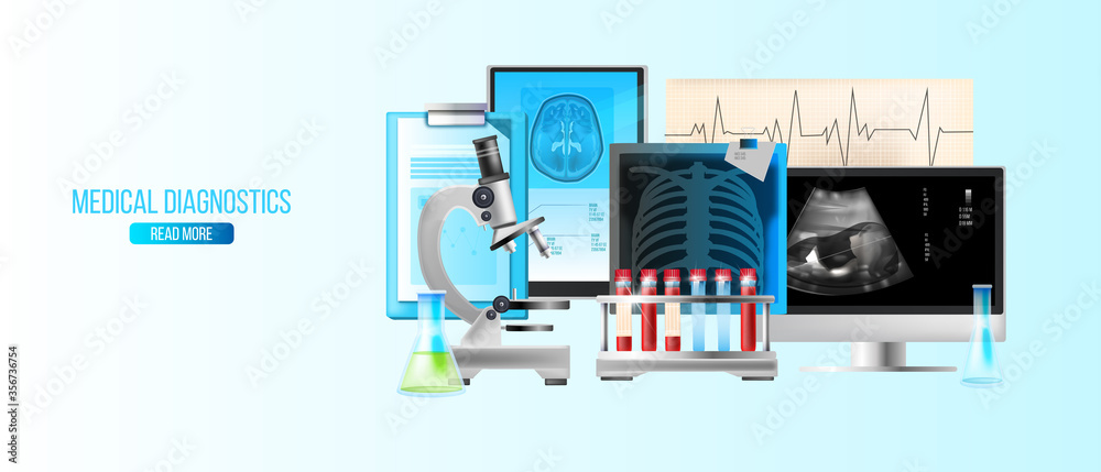 Medical diagnostics banner with microscope, MRI scan, cardiogram ...