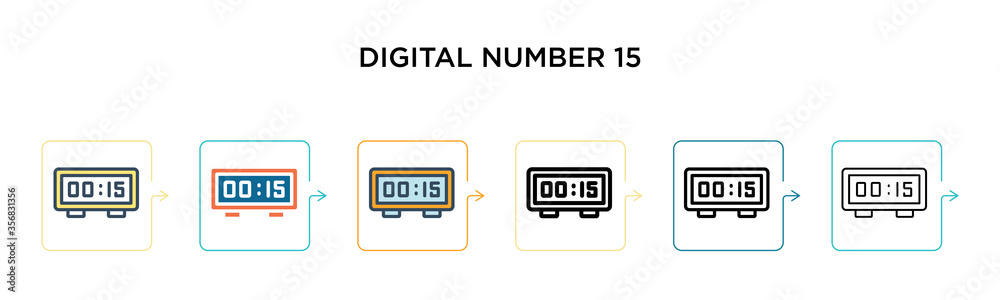Digital number 15 vector icon in 6 different modern styles. Black, two ...